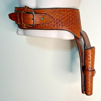 LEATHER Western Gun Holster and Wide Belt Brown Tooled Bullet Loops ...