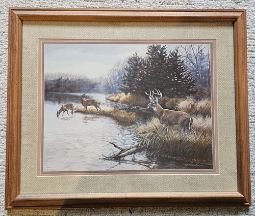 Julie Crocker VTG Deer Print Lookout At Watering Hole 1988 Artist Of ...
