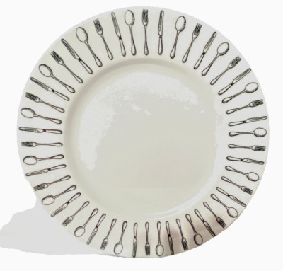 Pier 1 One Rimmed Dinner Plate White With Black Spoons Knives Forks ...