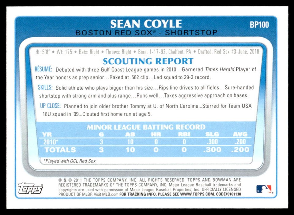 2011 Bowman Sean Coyle Boston Red Sox IP Autograph Baseball Card | eBay