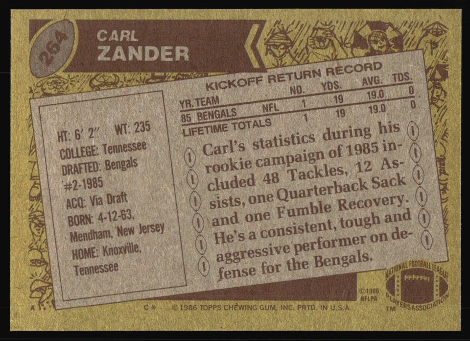 1986 Topps Carl Zander Rookie #264 Cincinnati Bengals | eBay