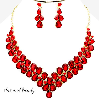 HIGH END RED GLASS CRYSTAL FORMAL PROM WEDDING NECKLACE FASHION JEWELRY ...