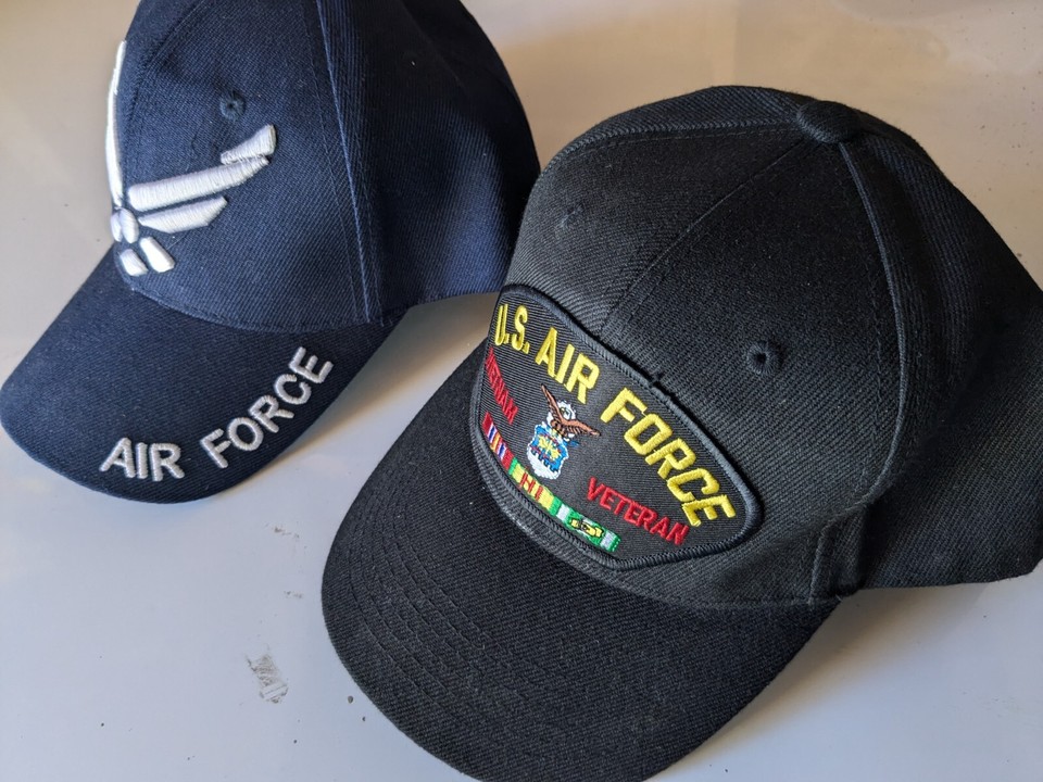 Two U.S. Air Force hats. Vietnam Hat and USAF blue Insignia eagle cap ...