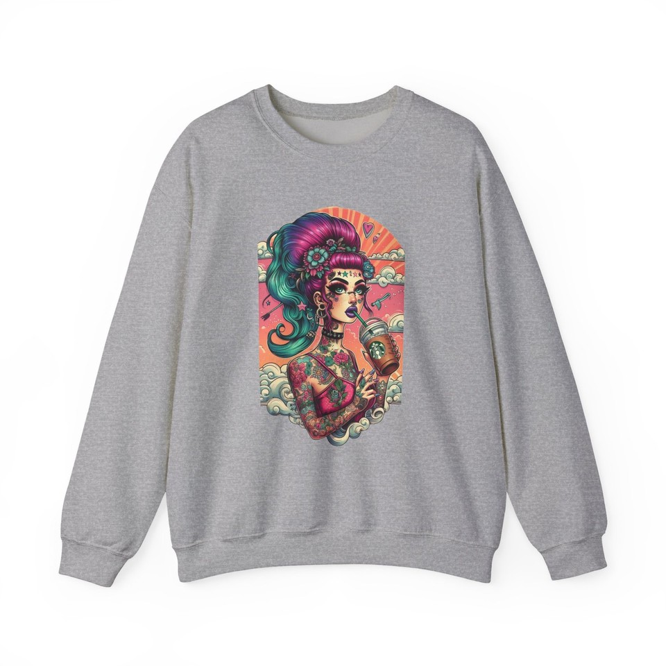 Tattooed Girl Drinking Coffee Retro Vtg Cartoon Art Sweatshirt S-3XL ...