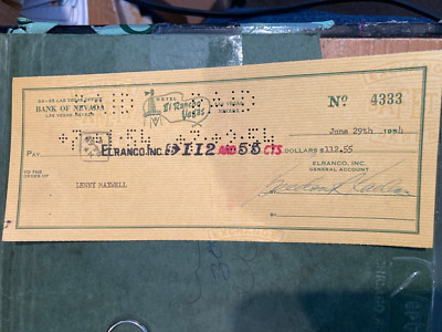 El Rancho Vegas Check To Lenny Maxwell Voice Actor 1954 Signed Las ...