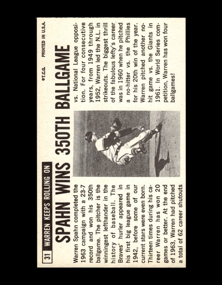 1964 Topps Giant Set-Break # 31 Warren Spahn NM-MT OR BETTER *GMCARDS ...