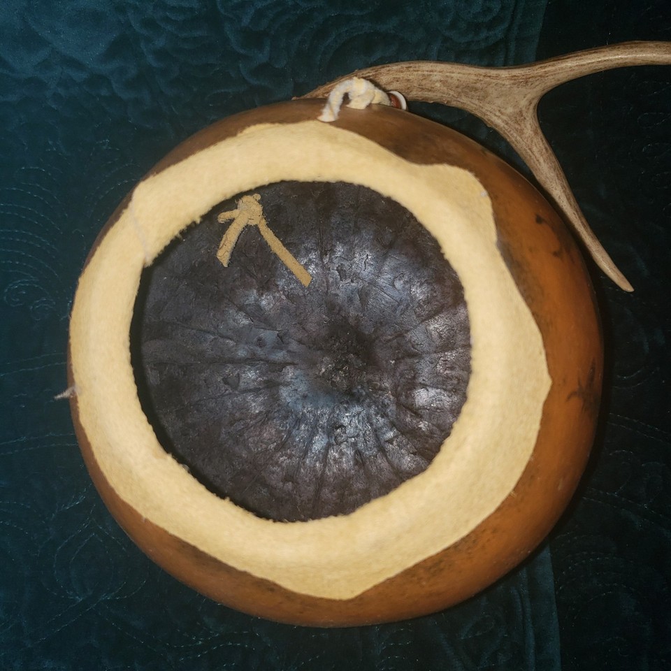 Vintage Hand Carved Gourd Bowl Deer Blessings Leather Antler Lodge ...