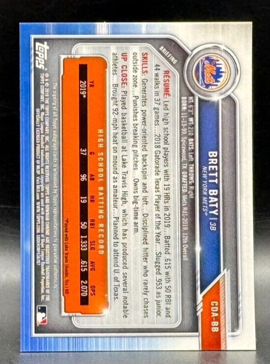 2019 Bowman Draft Brett Baty 1st Chrome Autograph Black Refractor # ...