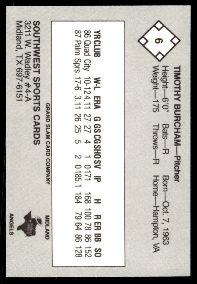 1988 Grand Slam Baseball Card Tim Burcham Midland Angels #6 | eBay