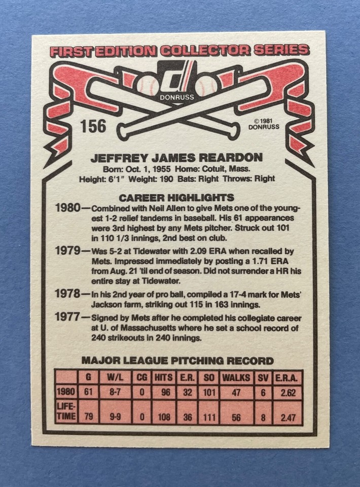 1981 Donruss Baseball Jeff Reardon #156 Rookie RC New York Mets | eBay