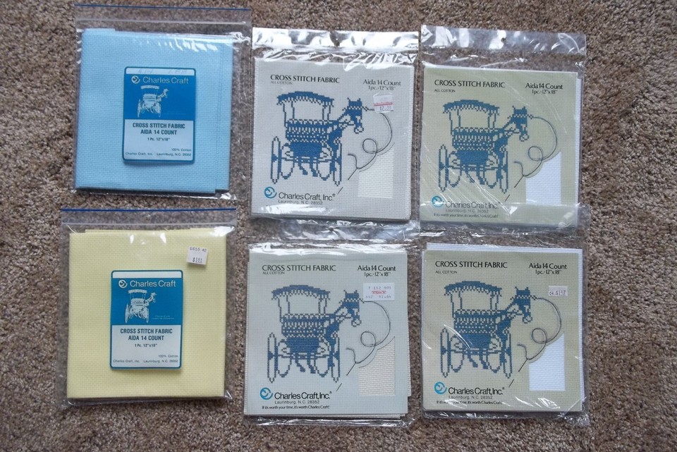 6 PACKAGES 14 Count AIDA CLOTH~ WHITE+Ivory+BLUE+Yellow~12"x18"~100% ...