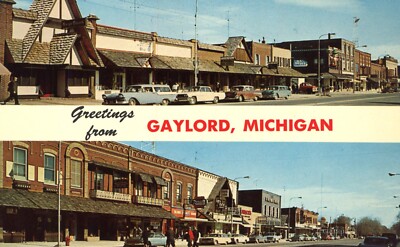 Greetings Gaylord Michigan Downtown Area Shops Cars Signage Postcard | eBay