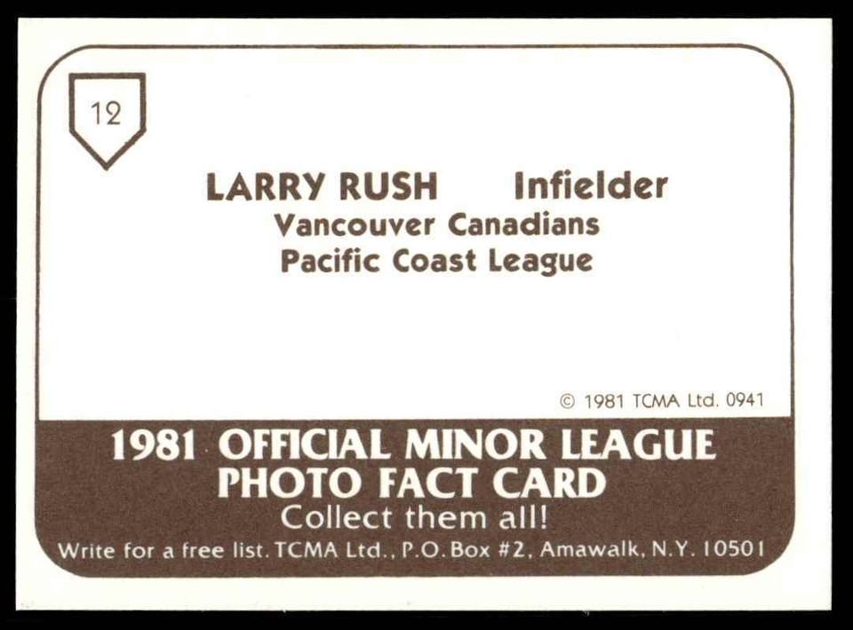 1981 TCMA Vancouver Canadians Larry Rush Vancouver Canadians #12 | eBay