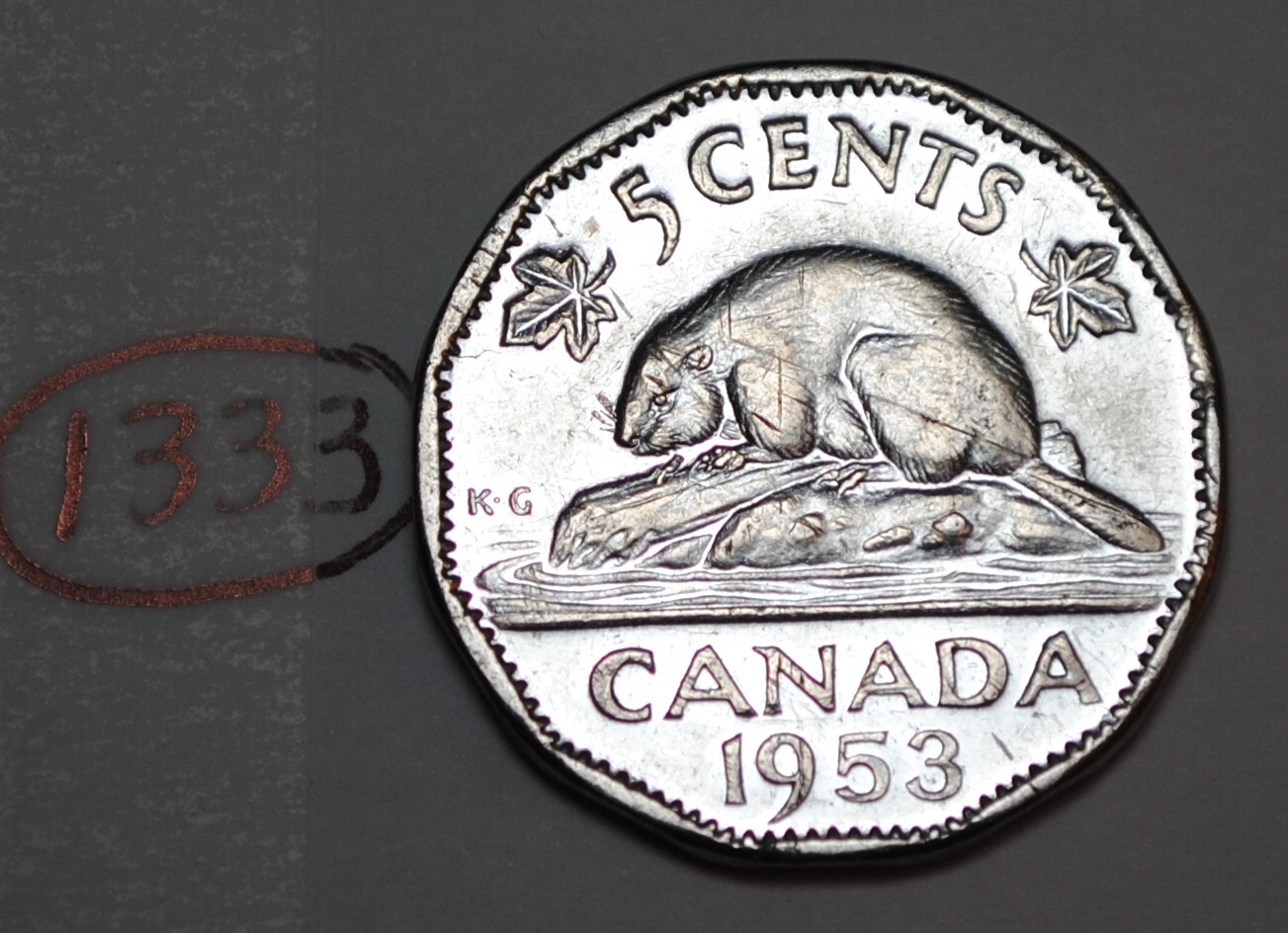 Canada 1953 5 cents SF Near Five Cents Nickel Shoulder Fold Near Lot ...