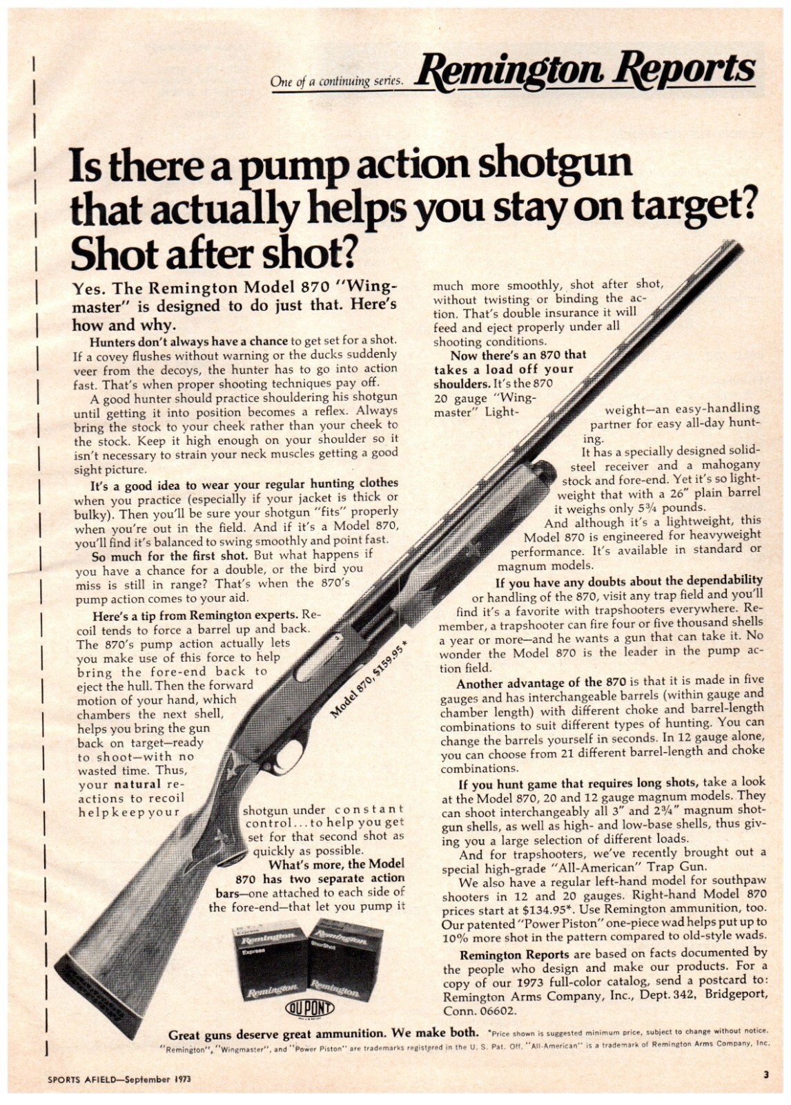 Remington Pump Action 870 Wingmaster Shotgun Gun Vintage Print Ad 8"x ...