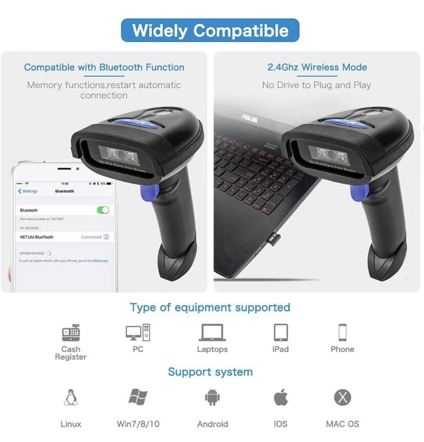 NETUM Bluetooth Barcode Scanner, Compatible with 2.4G Wireless ...
