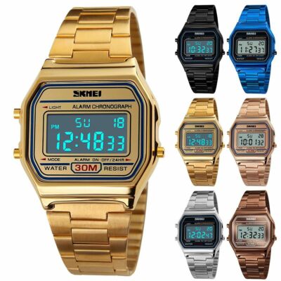 Retro Sports Watch Digital Waterproof Stainless Steel Band Wristwatch ...