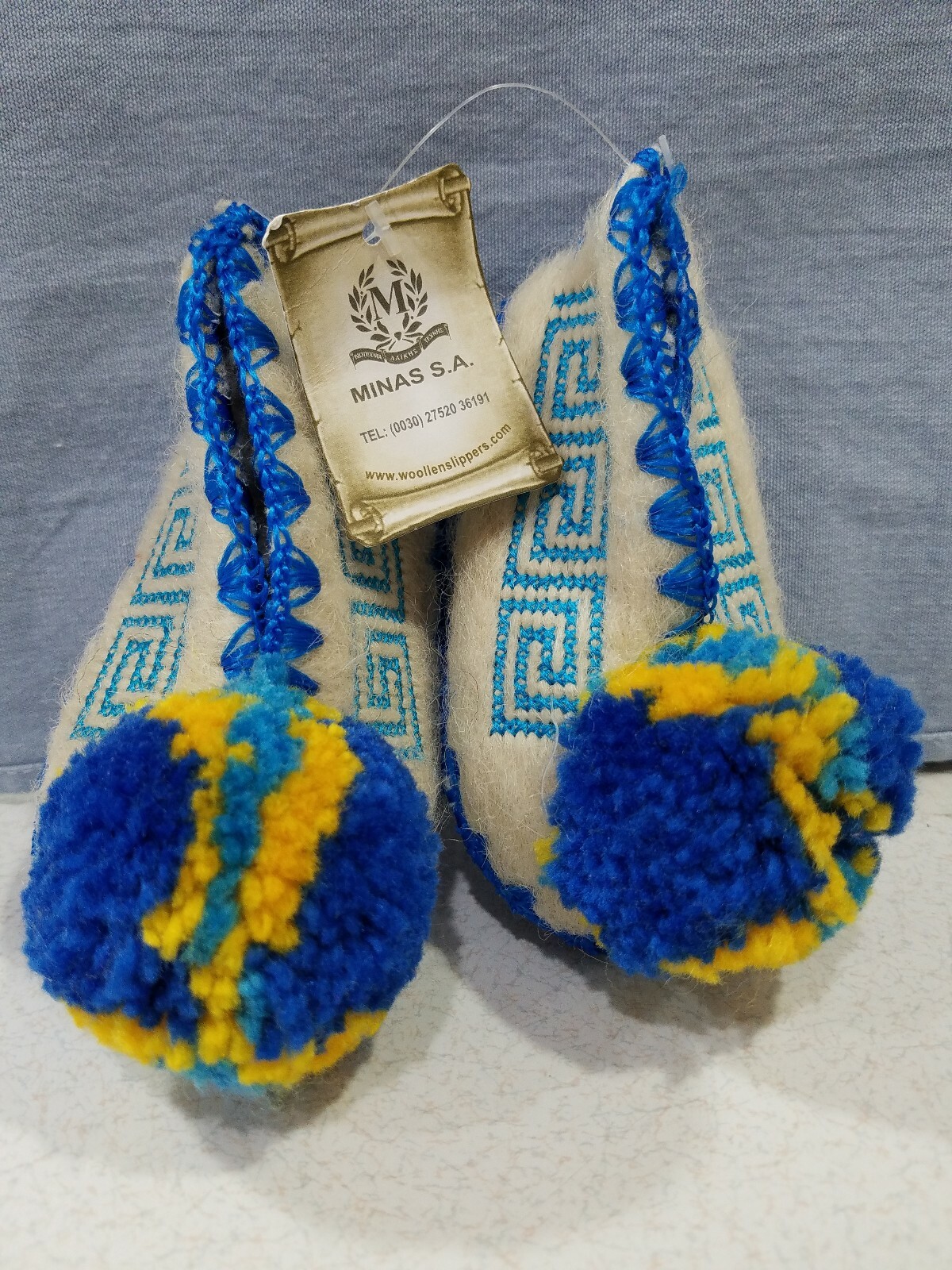 Minas Baby Greek Woolen Slippers Blue Yellow Non Slip Leather Sole NWT ...