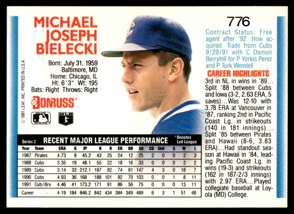 1992 Donruss #776 Mike Bielecki Atlanta Braves | eBay