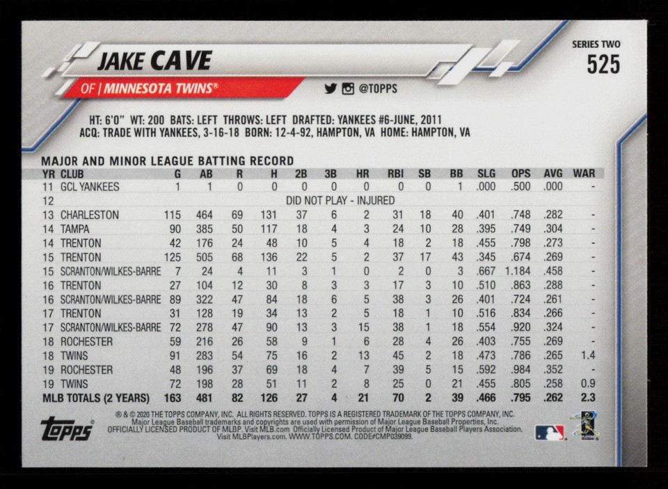 2020 Topps Jake Cave #525 Minnesota Twins Baseball Card | eBay