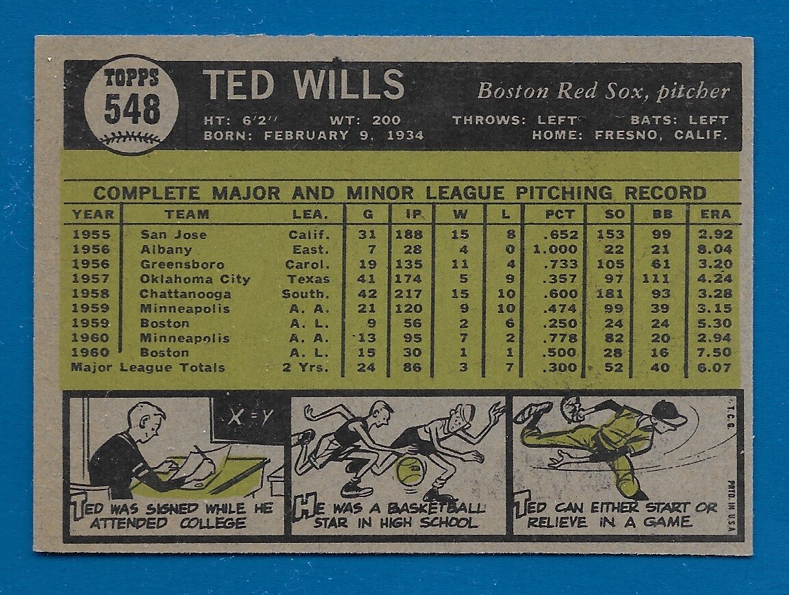 1961 Topps Ted Wills Card High #548 Boston Red Sox EX-MT | eBay