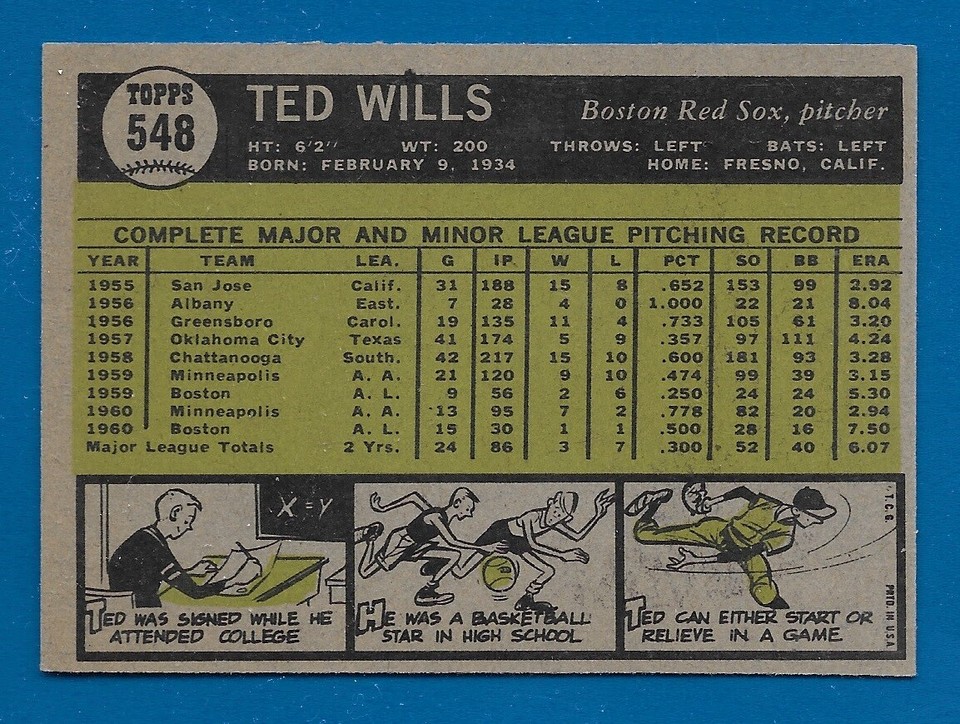 1961 Topps Ted Wills Card High #548 Boston Red Sox EX-MT | eBay