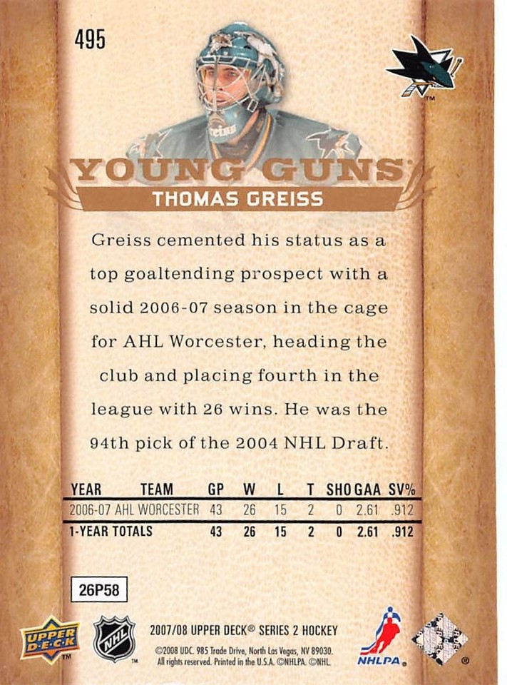 2007-08 Upper Deck #495 Thomas Greiss YG RC | eBay