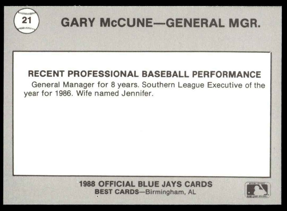 1988 Best Knoxville Blue Jays Gary McCune Knoxville Blue Jays #21 | eBay