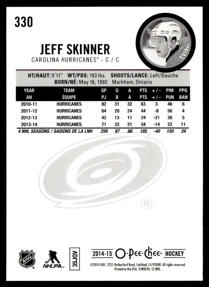 2014-15 O-Pee-Chee Rainbow Jeff Skinner Carolina Hurricanes #330 | eBay