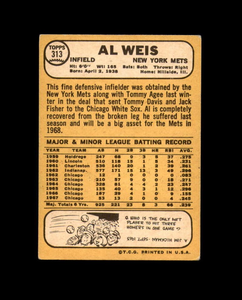 Al Weis Hand Signed 1968 Topps New York Mets Autographed | eBay