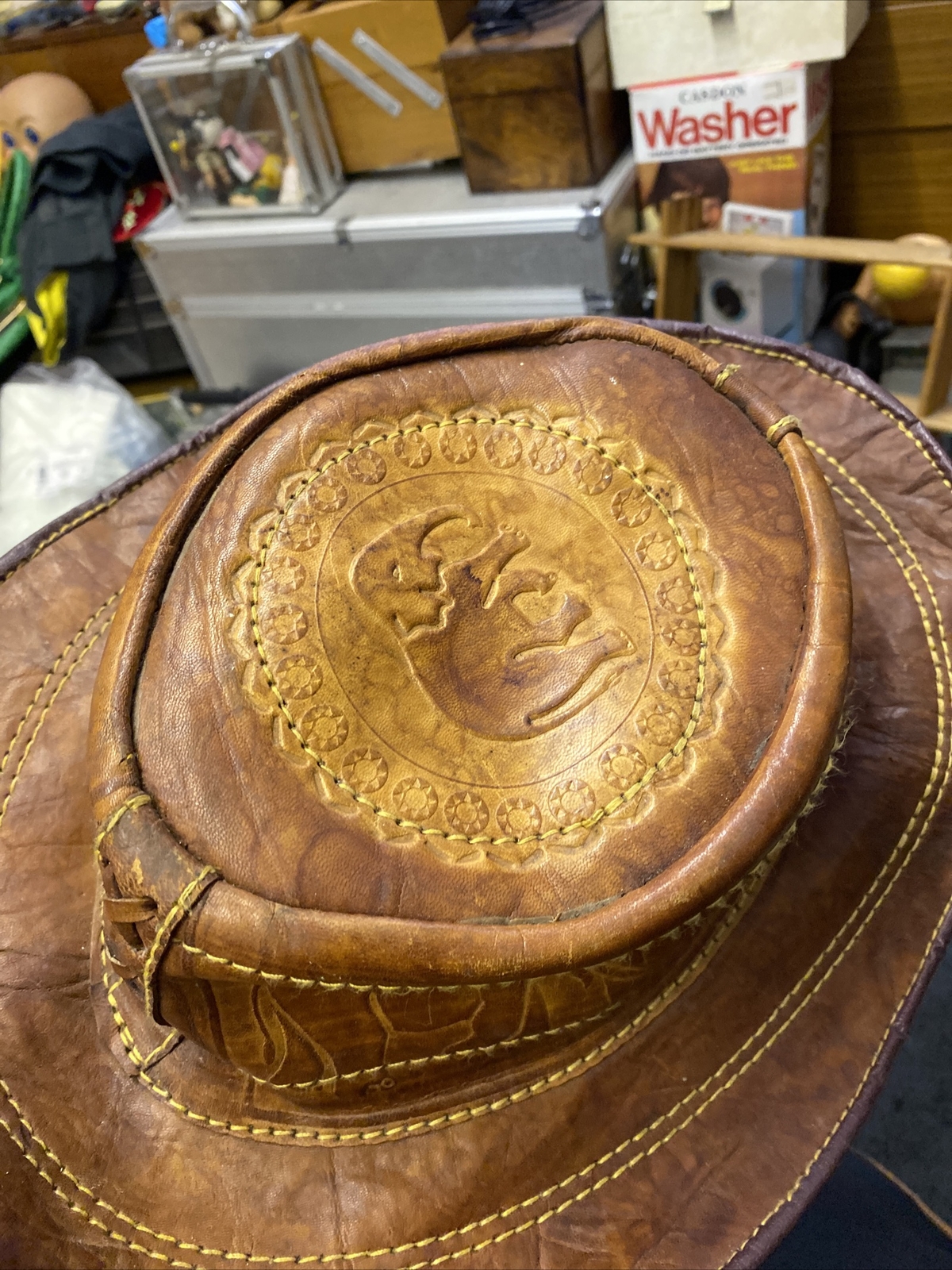 Genuine Vintage Tan Quality Leather Embossed Cowboy/Bush Hat Elephants ...