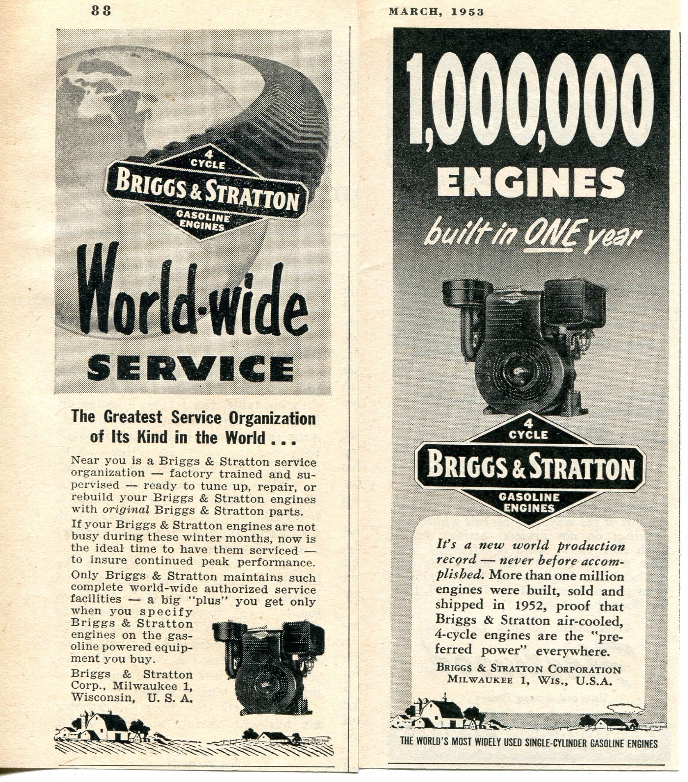 1953 small Print Ad of Briggs & Stratton 4 Cycle Farm Engine 2 ...