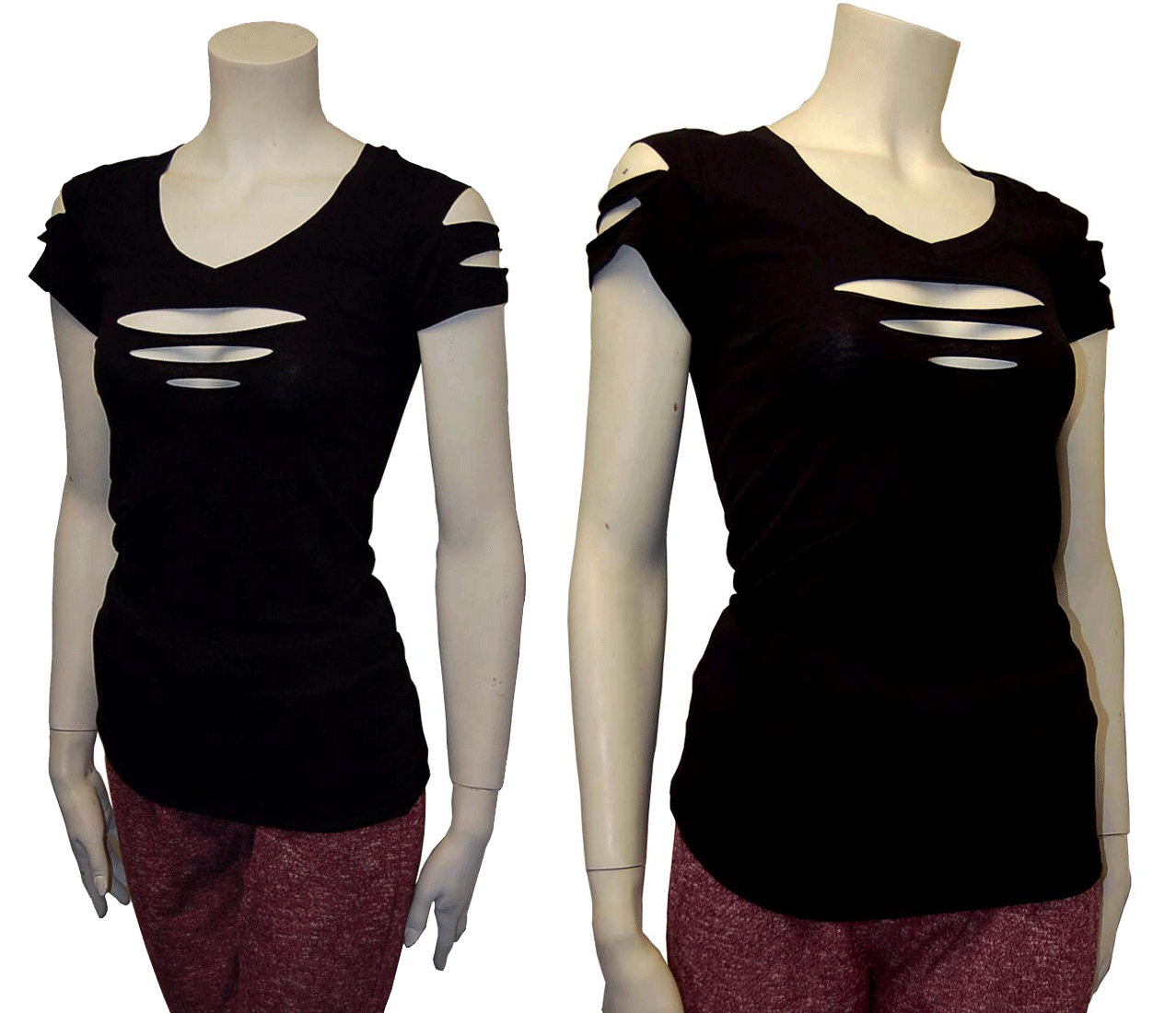 Cute Cut Out Ripped Arms & Front Short Sleeve Shirt Stretch Black SML ...