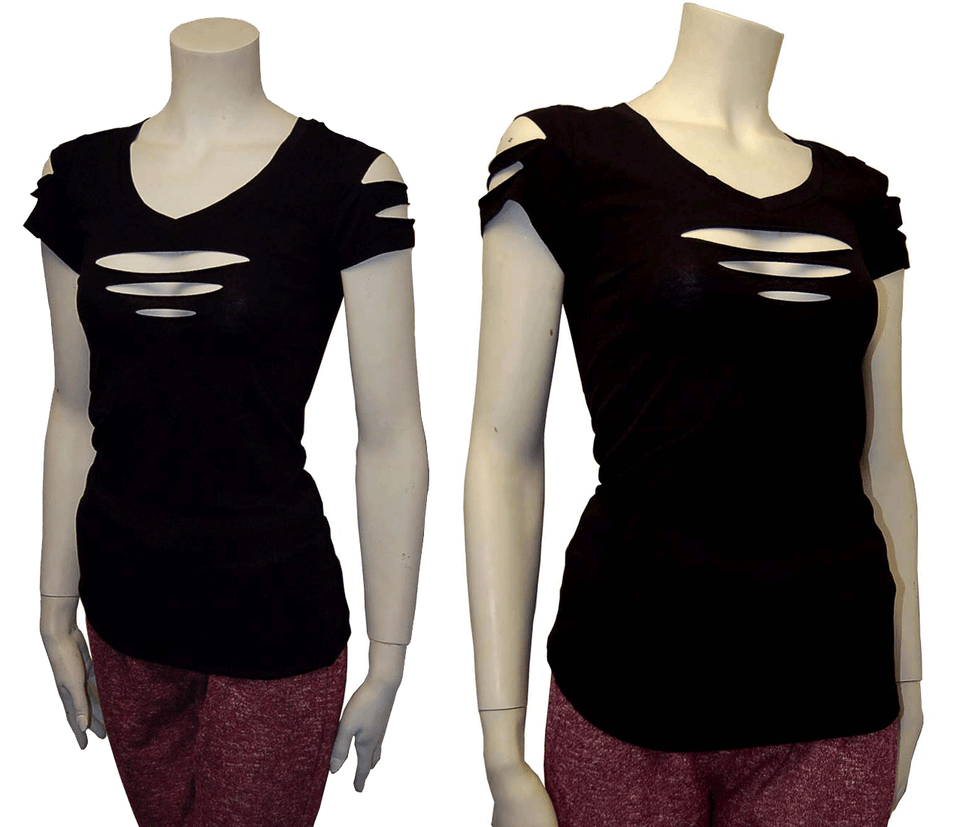Cute Cut Out Ripped Arms & Front Short Sleeve Shirt Stretch Black SML ...