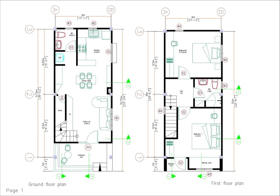 Small House Plan 4x9 M 13x30 Feet 2 Beds Shed Roof PDF Full Plan (A4 ...
