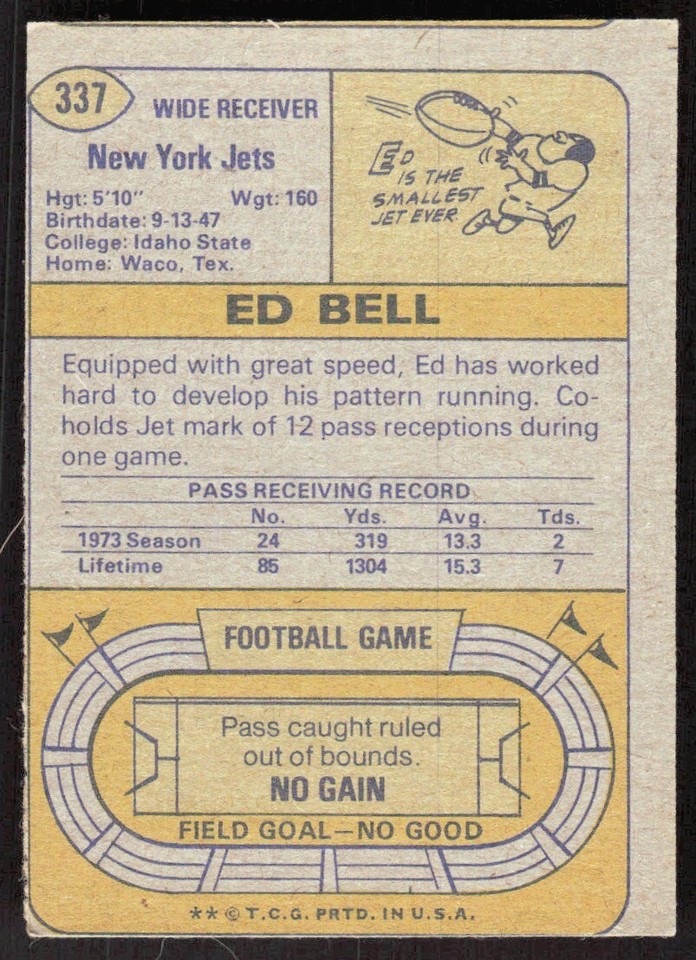 1974 7787A Topps Ed Bell New York Jets #337 | eBay