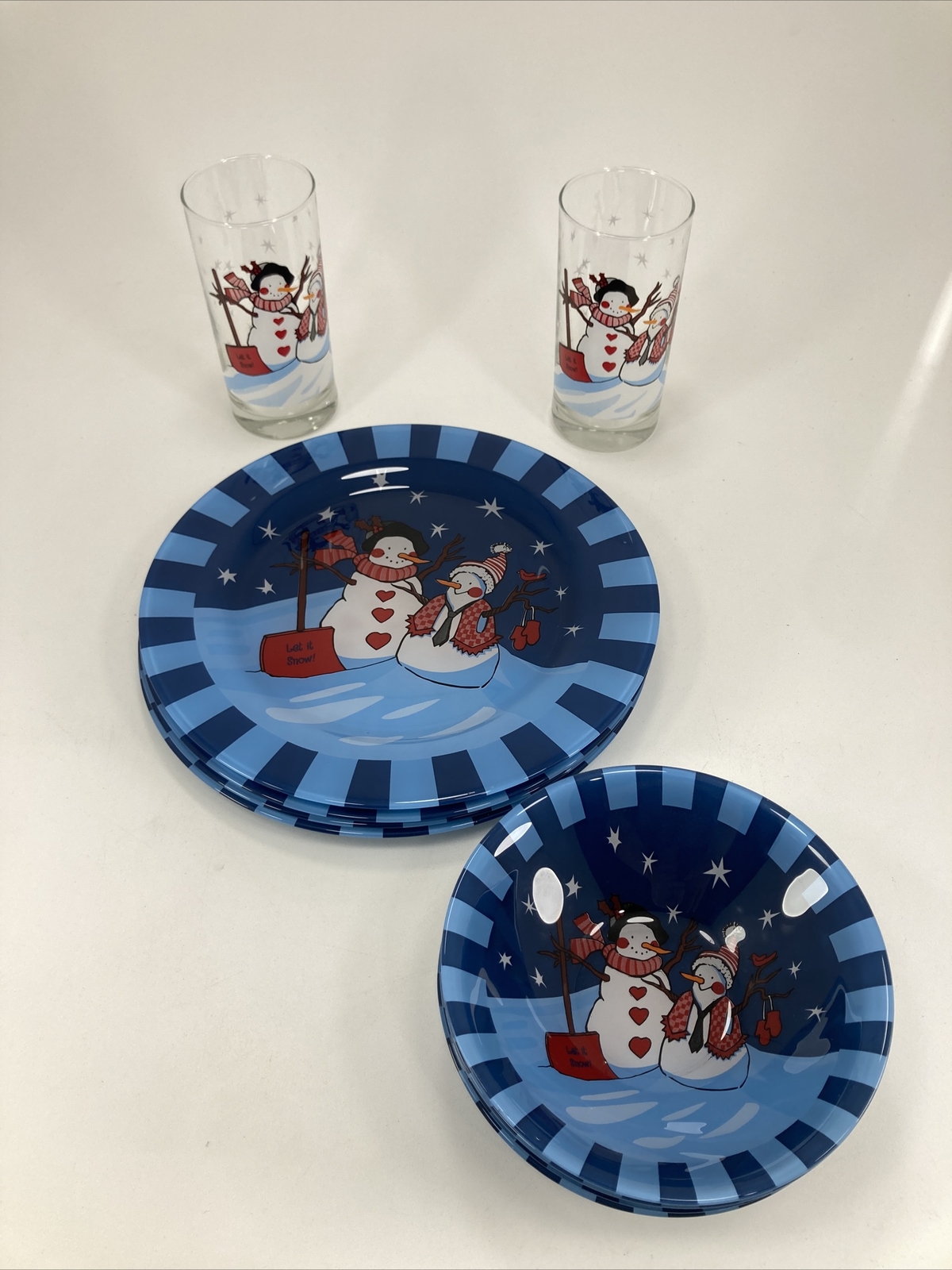 Christmas SNOWMAN 4 Plate/4 Bowl/2 Drinking Glasses Dinner Winn Dixie ...