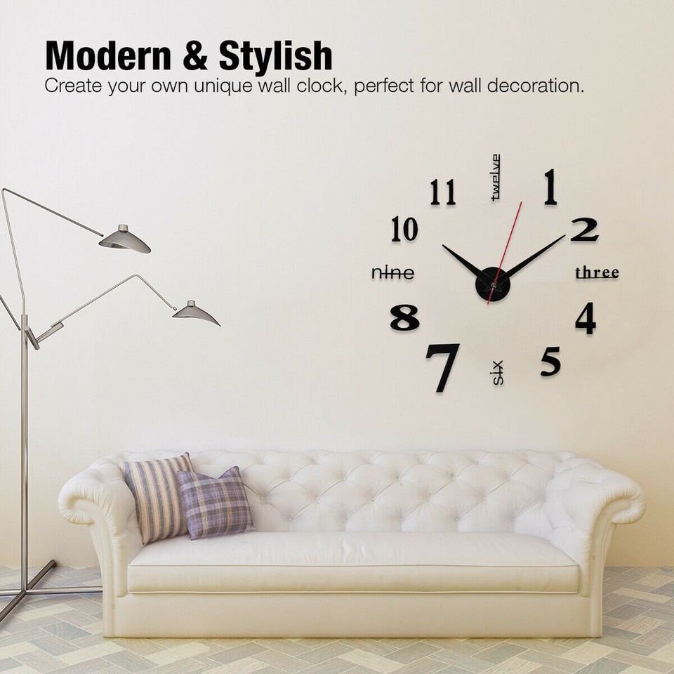 3D Large Mirror Surface Wall Clock Modern DIY Sticker Office Home Shop ...