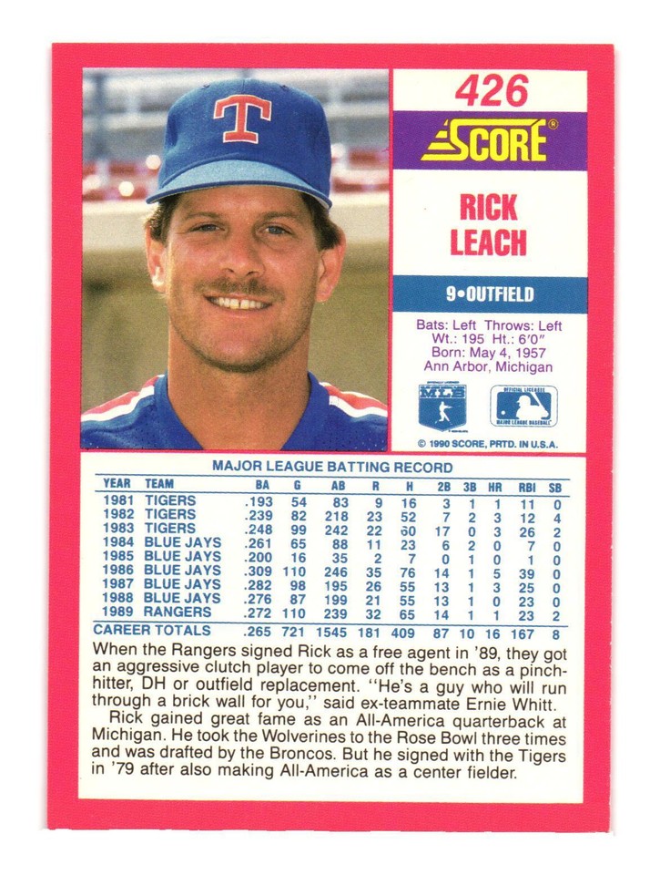 1990 Score #426 Rick Leach Texas Rangers | eBay