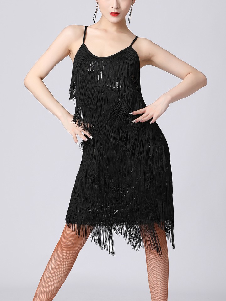 Women Sequins Fringe Tassel Flapper Dress Samba Chacha Tango Latin ...