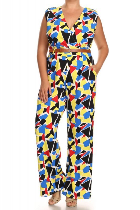 Plus Size Multi-color Jumpsuit Abstract Print Sleeveless Relaxed Fit ...
