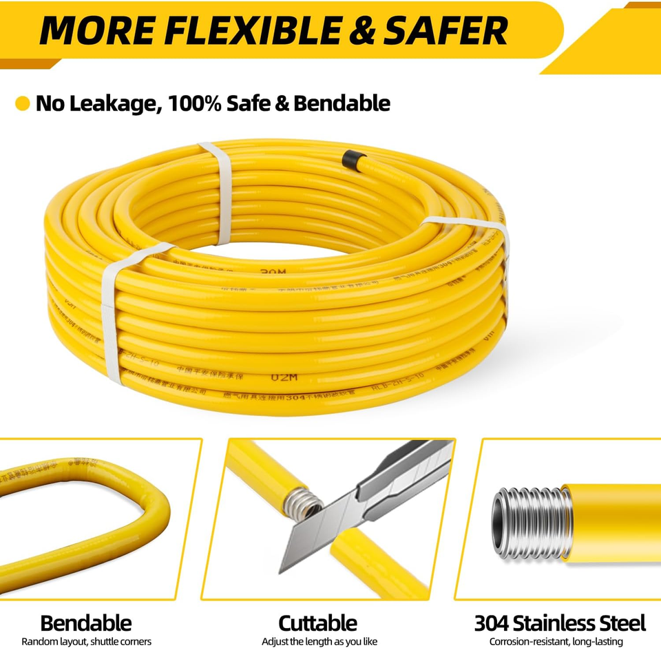 70Ft 1/2 Inch Flexible Gas Line Tubing Kit with Fittings for NG or ...
