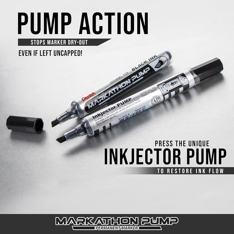 Pentel Markathon Pump Permanent Marker, Chisel Tip, Black Ink, 4 Pack ...