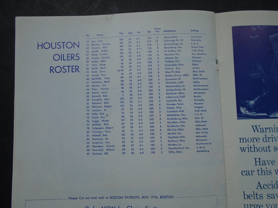 1962 AFL PROGRAM :Houston Oilers @ Boston Patriots | eBay UK