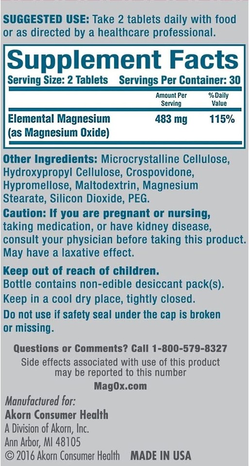 Mag-Ox 400 Magnesium 483 mg, 60 Coated Tablets 760569494602VL | eBay