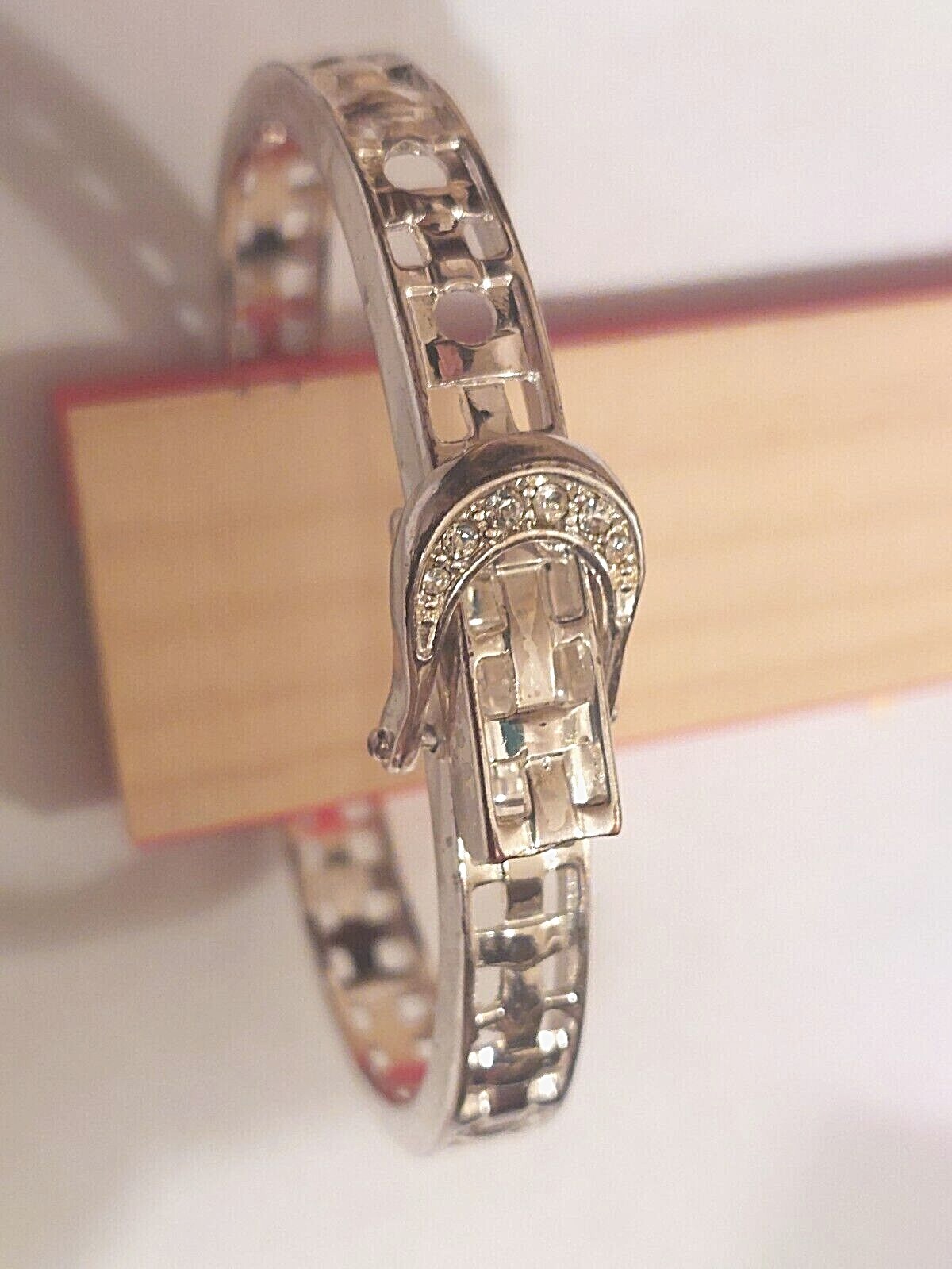 SILVERPLATE ADJUSTABLE RHINESTONE BUCKLE BANGLE BRACE… - Gem