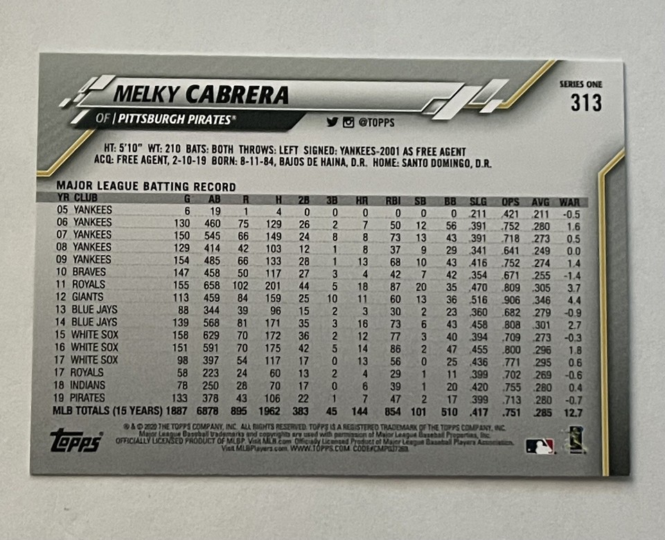 TOPPS 2020 MELKY CABRERA #313 OUTFIELD PITTSBURGH PIRATES BASEBALL CARD ...