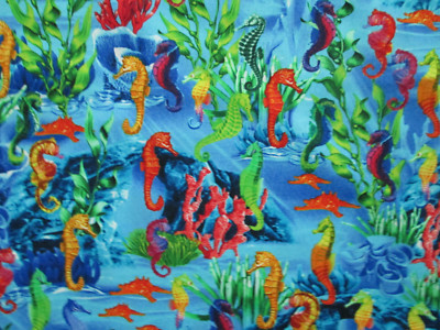 SEAHORSE SEA HORSE REEF TROPICAL COLORFUL SEA LIFE BLUE COTTON FABRIC ...