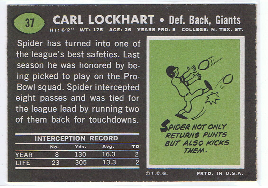 1969 Topps #37 Carl "Spider" Lockhart, defensive back, New York Giants ...