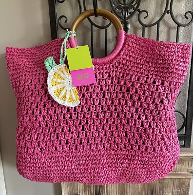 Tabitha Brown x Target Lemon Woven Straw Tote Pink Beach Bag Handbag ...